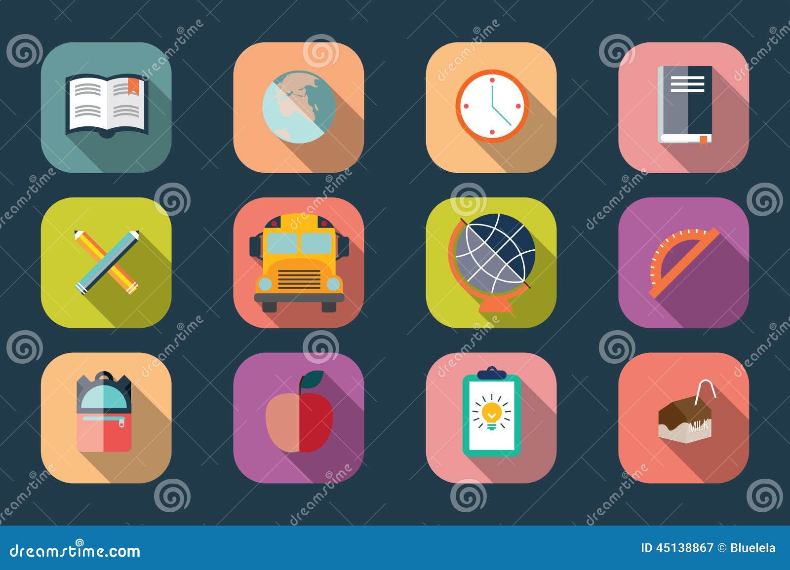 Collection of School Items Icons, Flat Design, Long Shadow Stock Vector ...