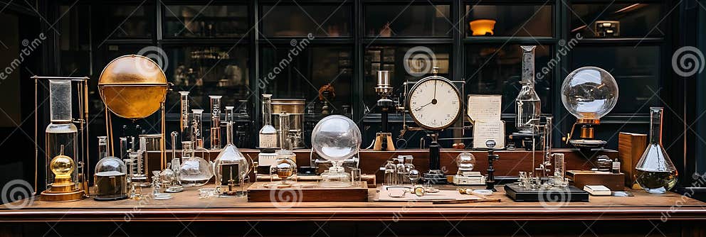 Collection of Scientific Instruments Displayed on Wooden Surface Stock ...