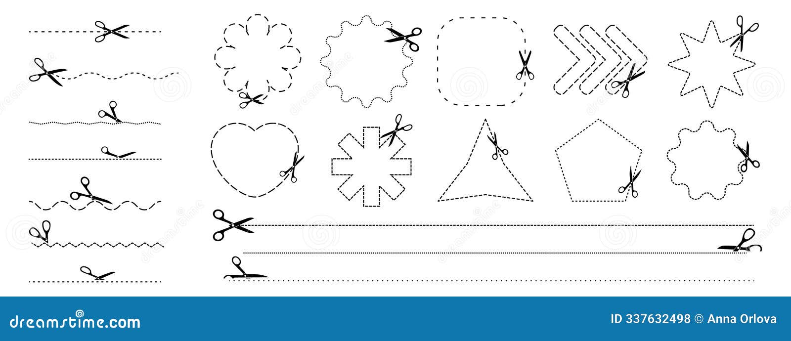 Collection of Scissors with Cut Lines and Geometric Shapes. Cut Here ...