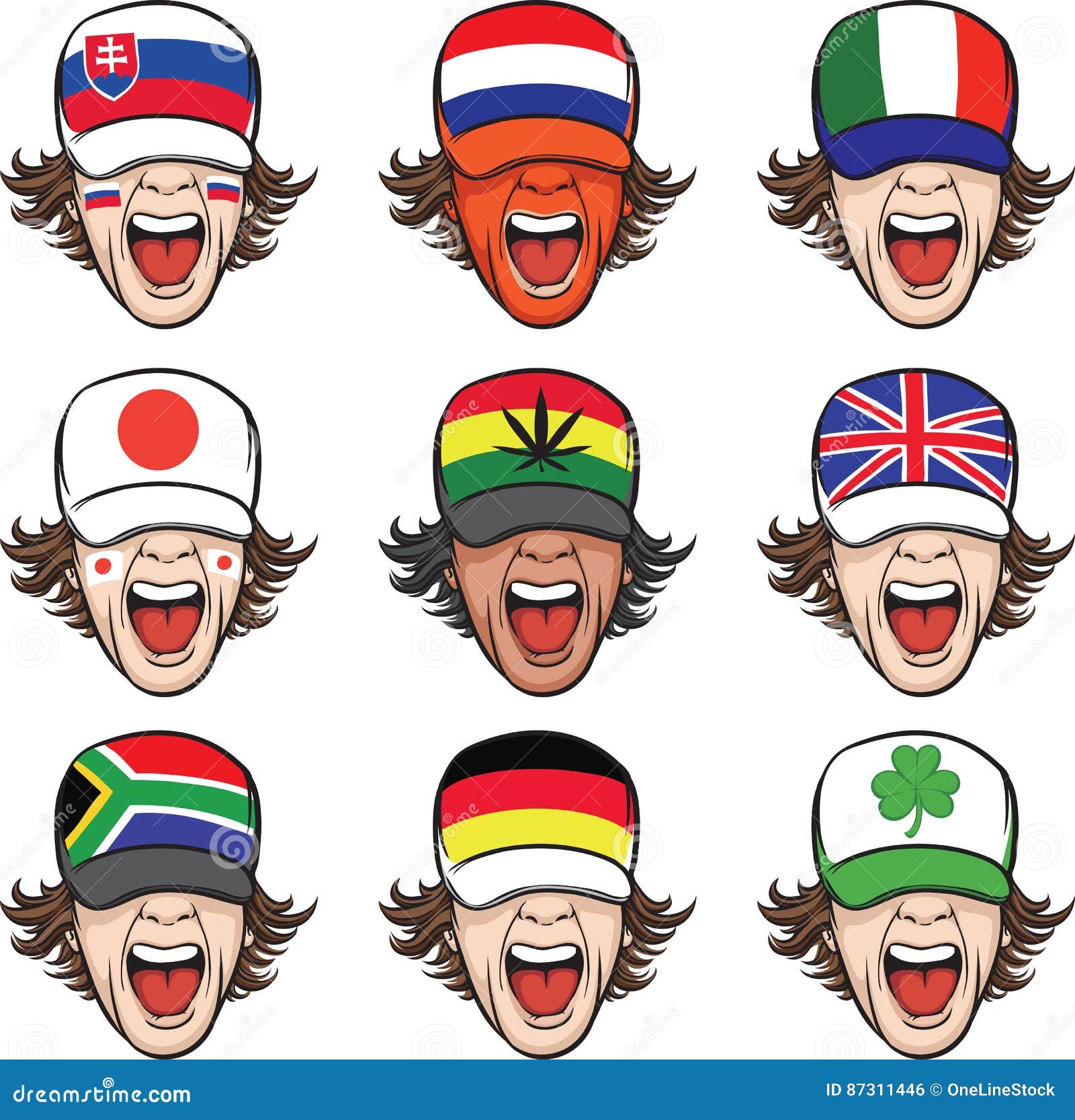Collection of Screaming Faces with Flags on Caps Stock Vector ...