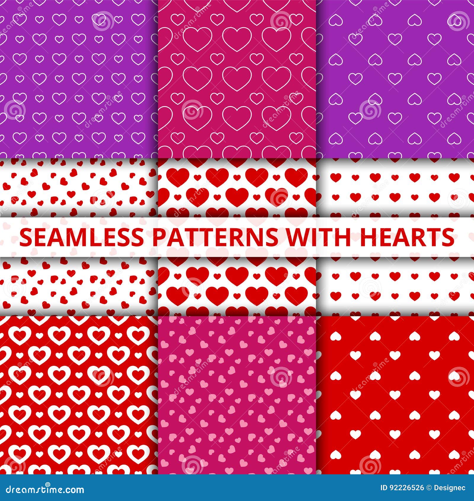 Collection Seamless Geometric Patterns with Hearts. Vector Illustration ...