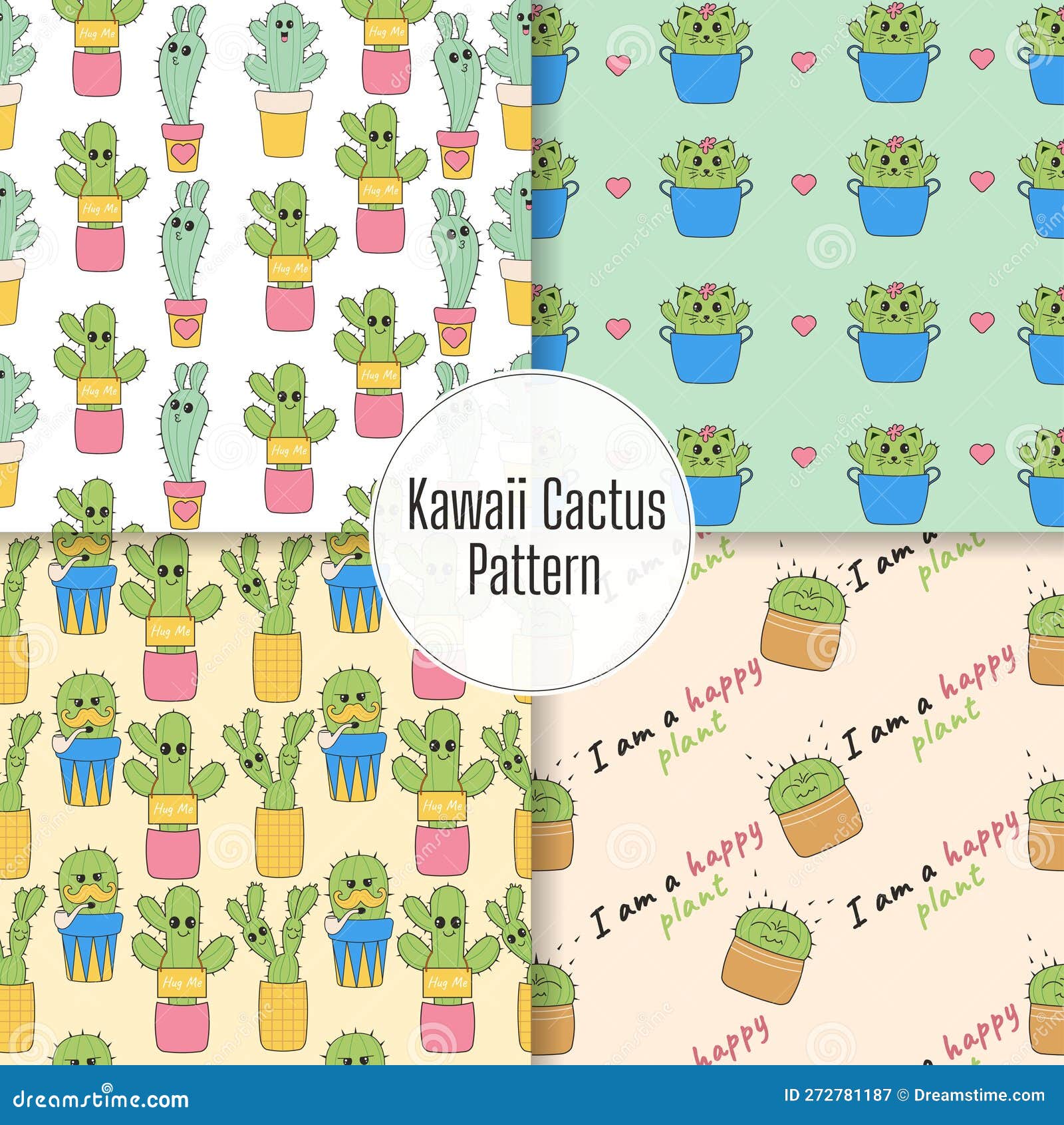 Collection Seamless Pattern Kawaii Cactus Stock Vector - Illustration ...