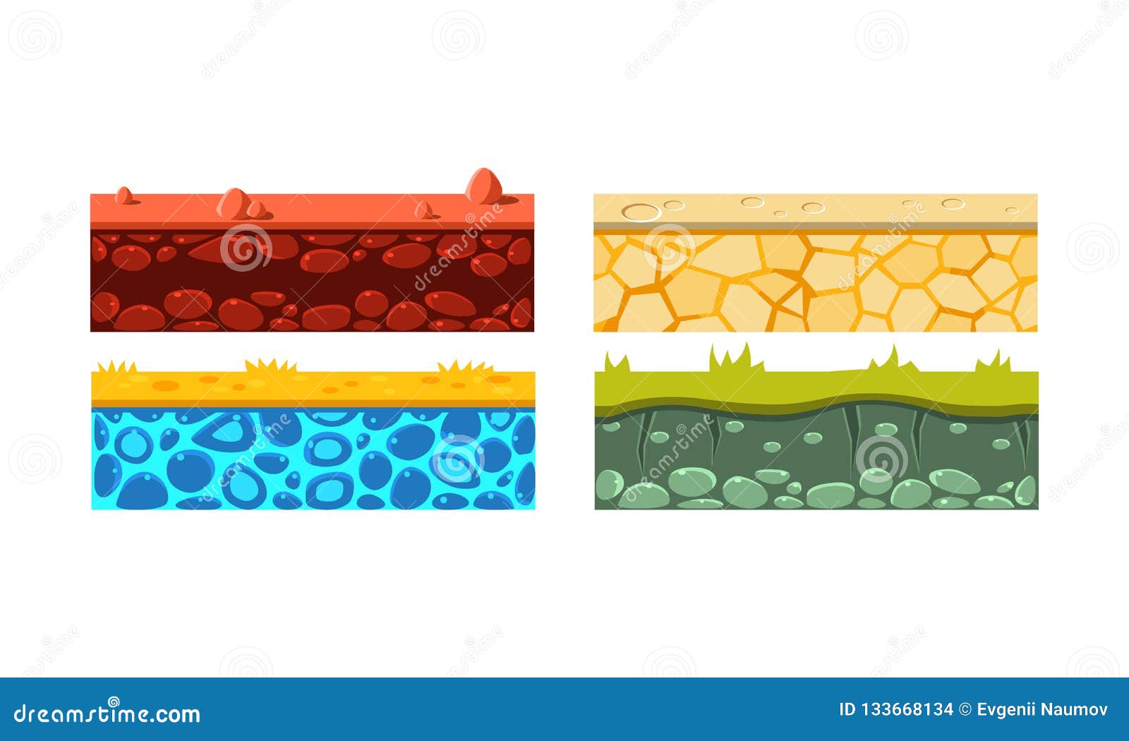 Platforms Of Different Ground Textures Set, Water, Stone, Ice, Grass ...