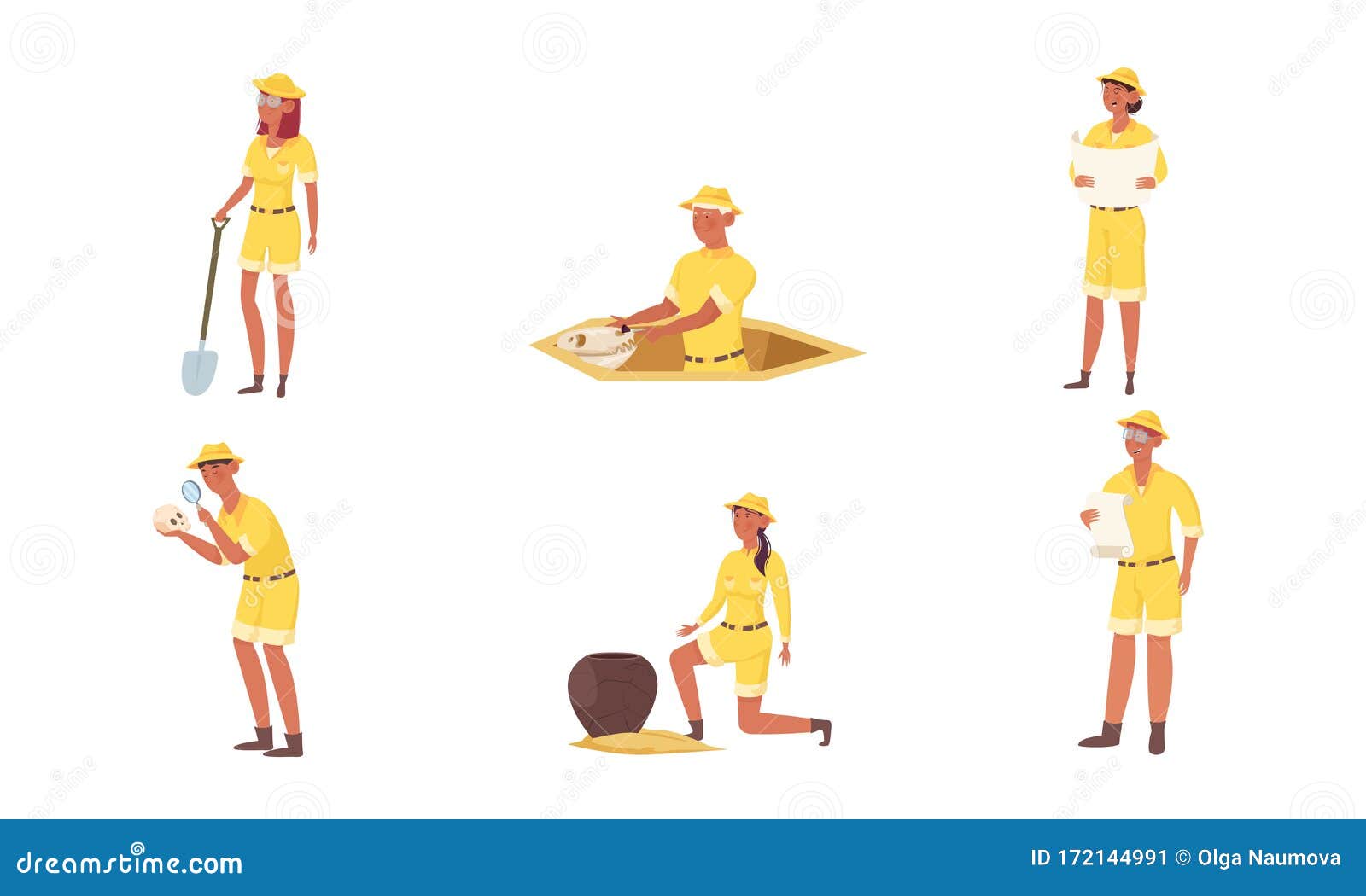 Cartoon Set Of Archaeologist Characters At Work. Raster Illustration In ...