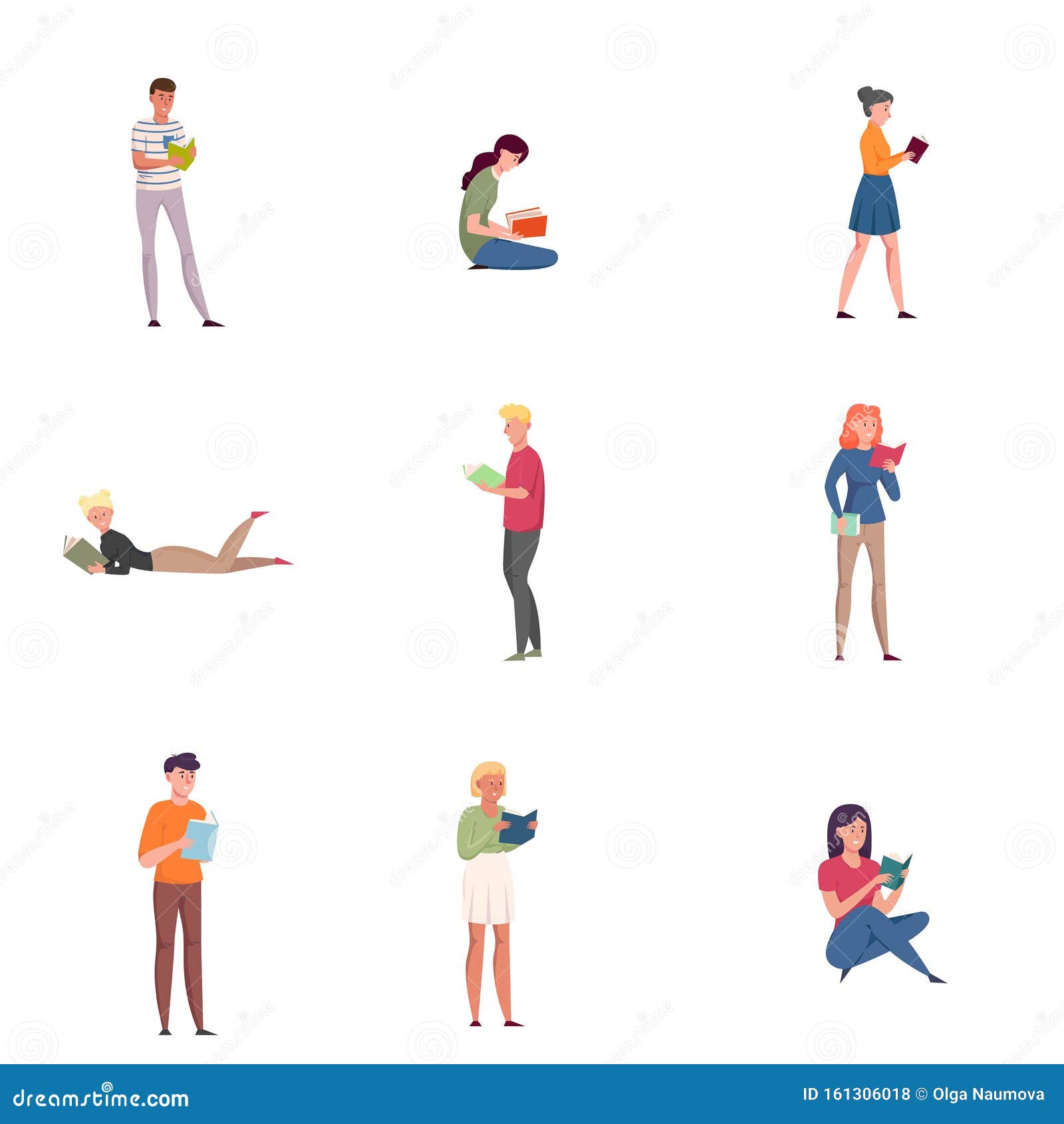 A Set of Young People Reading Books in Different Poses. Vector ...