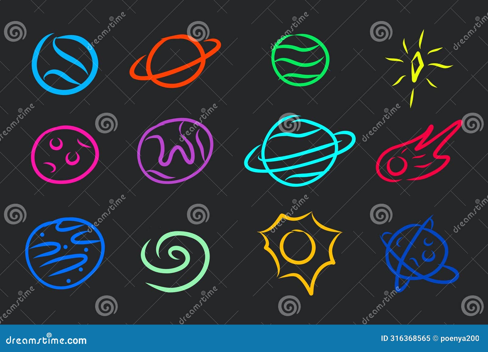 Collection Set of Doodle Planets Space Objects . Stars Solar System ...
