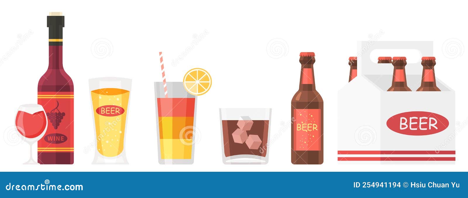 Collection Set of Drink Objects Red Wine Beer Juice Stock Vector ...