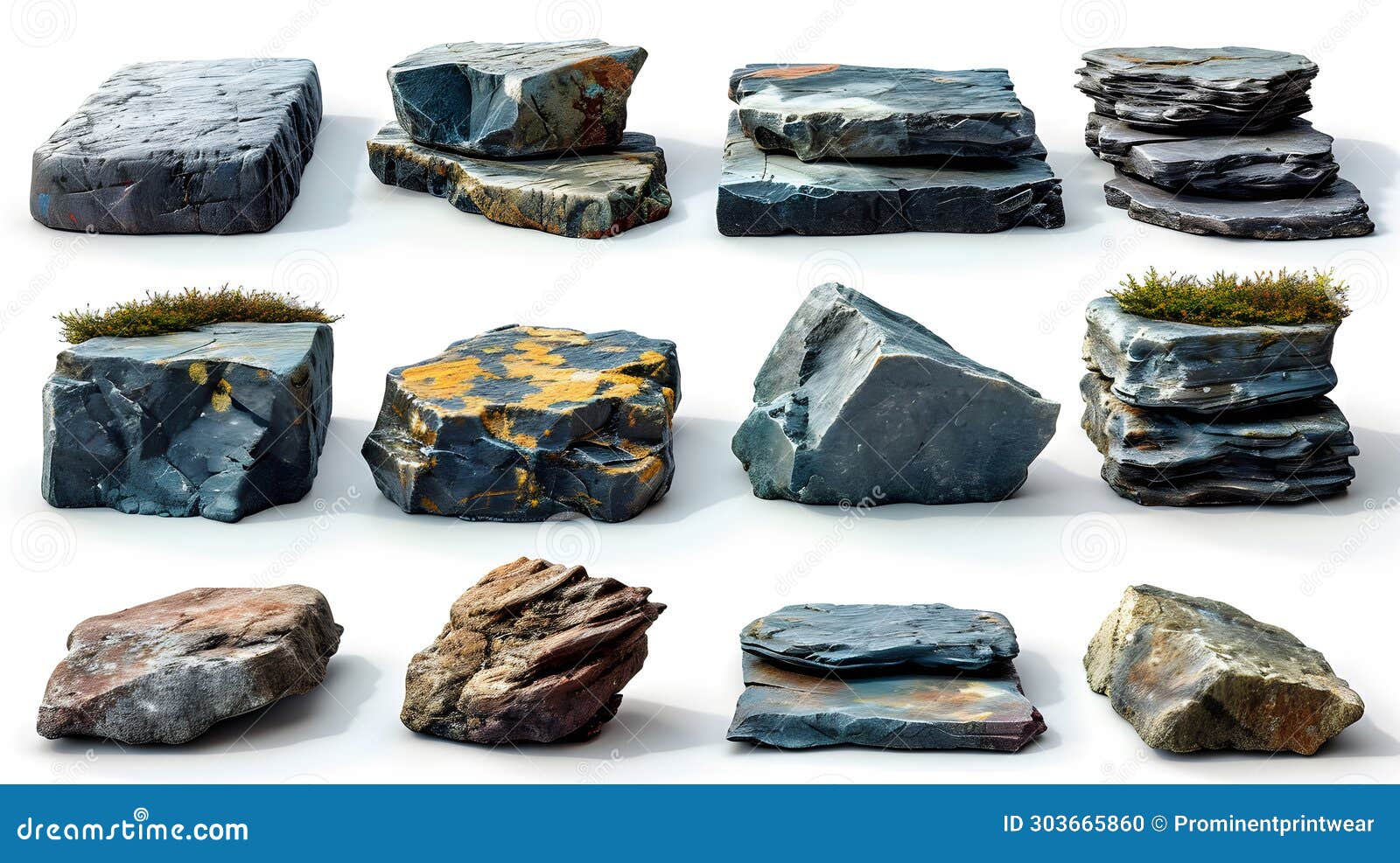 Collection Set of Flat Rocks, Stone Podium for Display Product on White ...