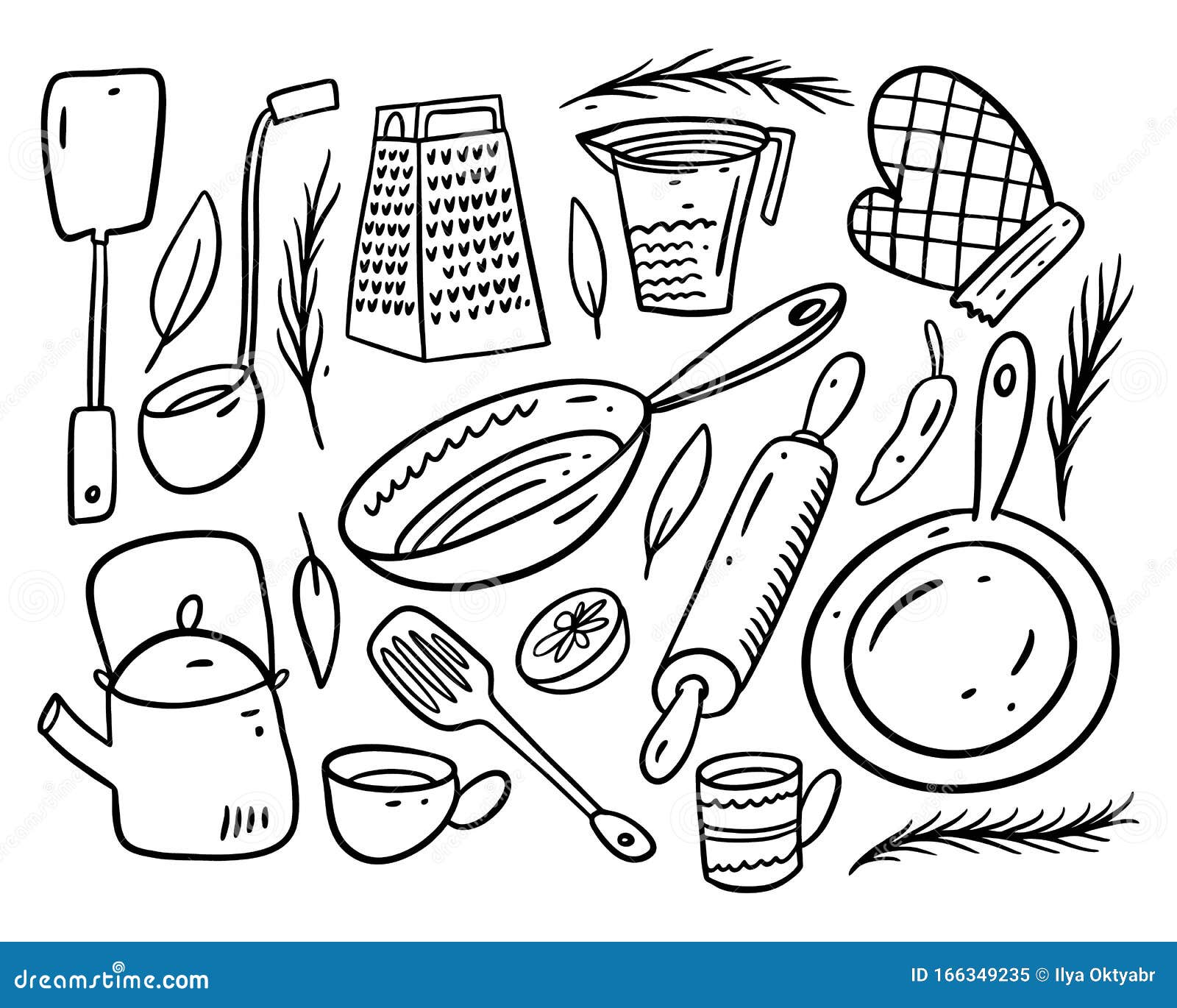 Collection Set Kitchen Objects. Hand Draw Illustration in Cartoon Style ...