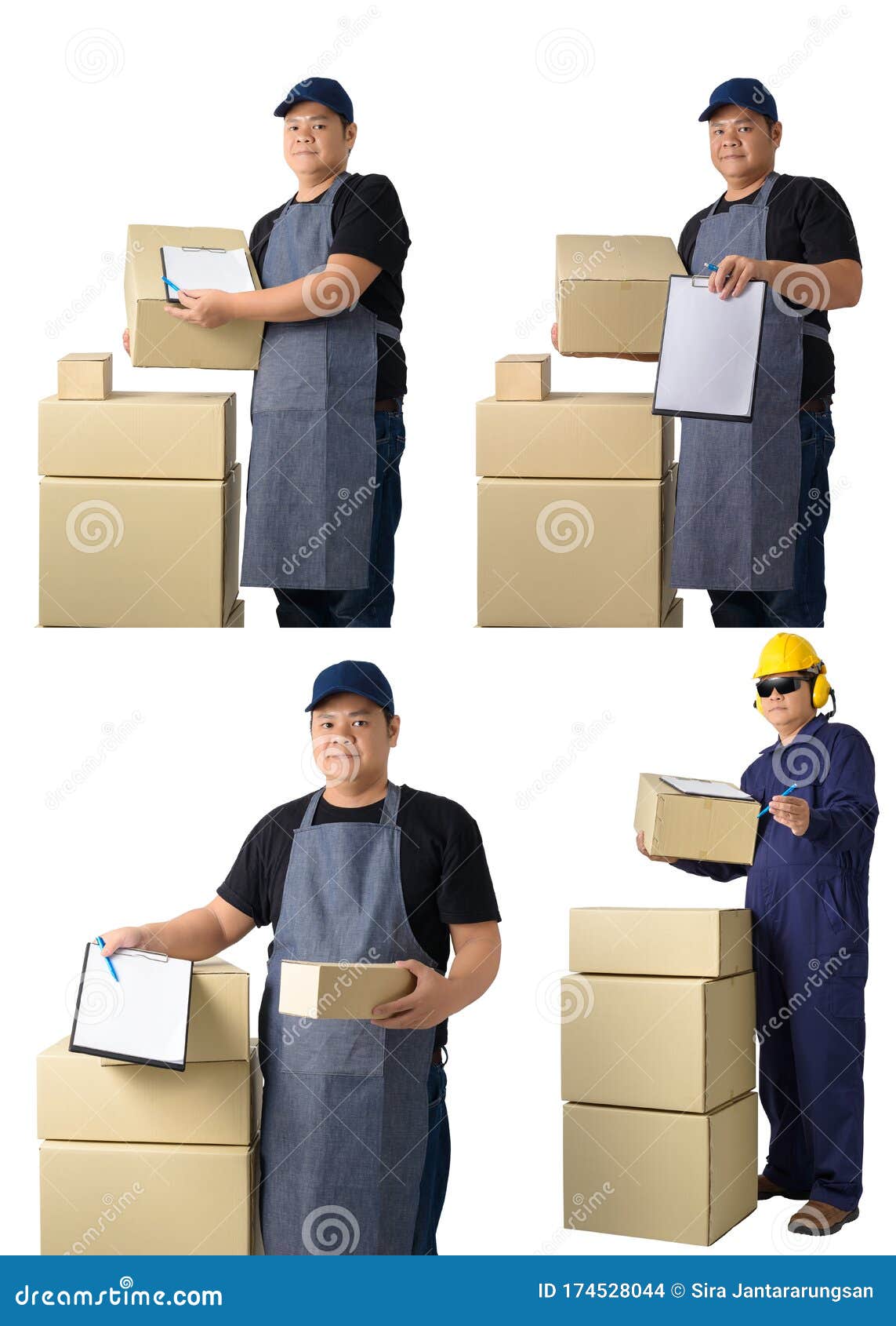 Collection Set Portrait of Delivery Man in Black Shirt and Apron with ...