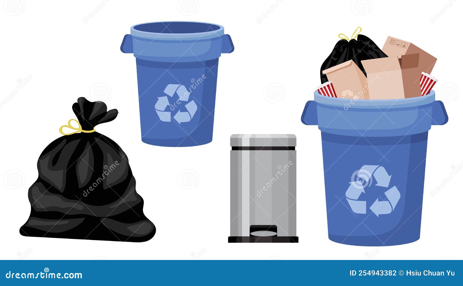 Collection Set of Recycled Garbage Dustbin Paper Box Black Plastic Bag ...