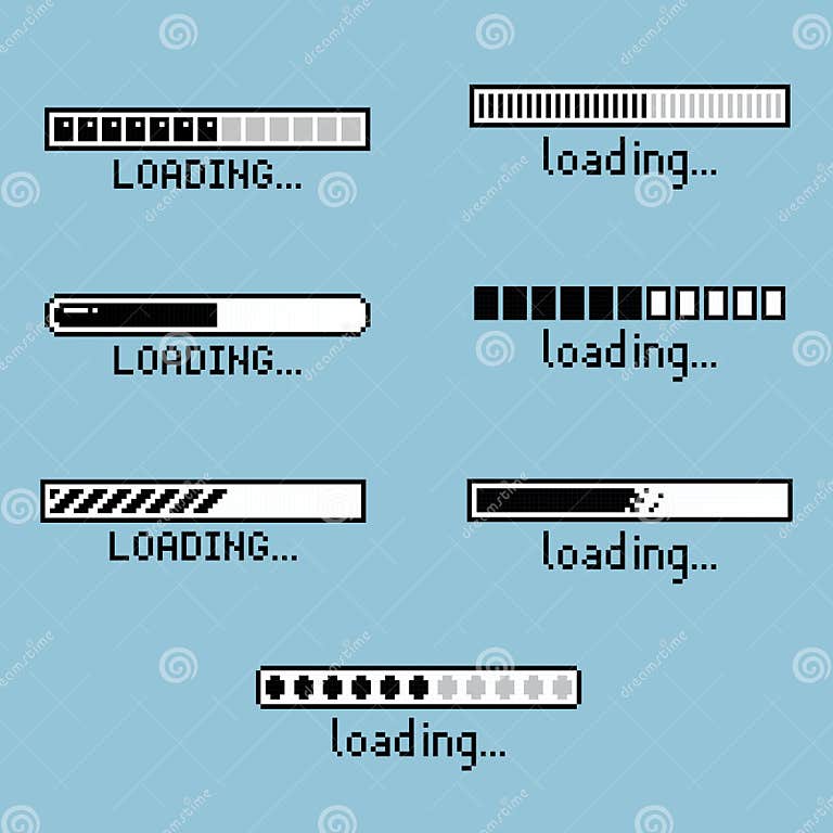 Collection Set of Retro Game 8bit Pixel Art Loading Process Progress ...