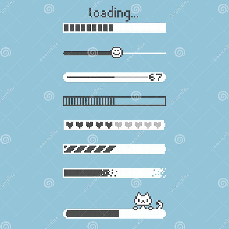 Collection Set of Retro Game 8bit Pixel Art Loading Process Progress ...