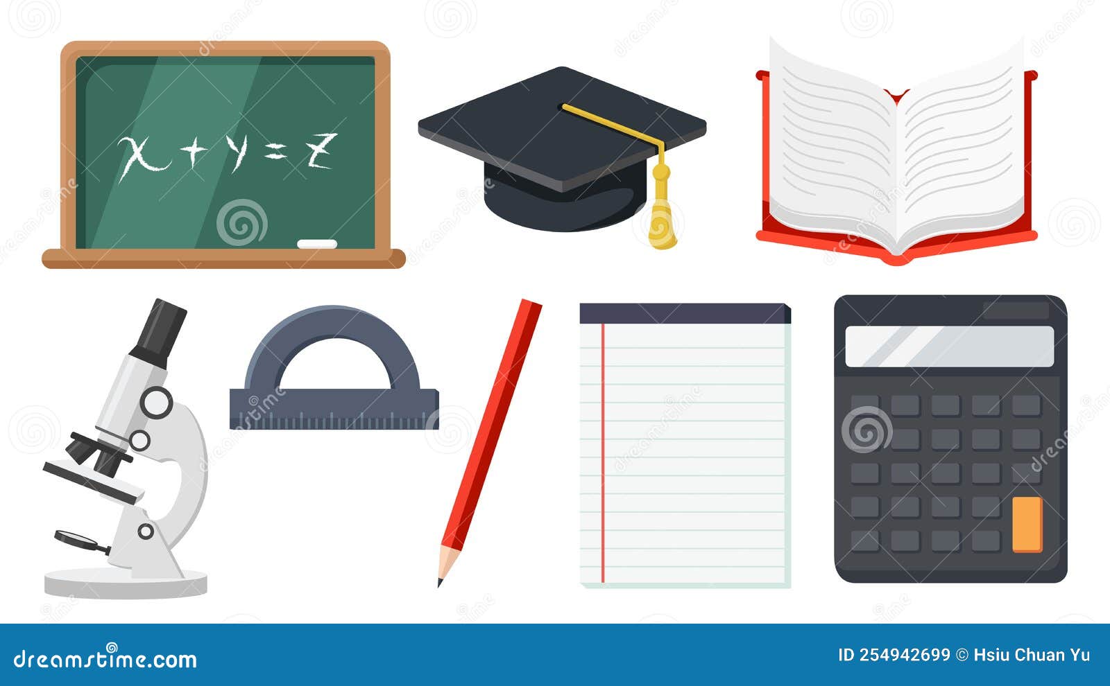 Collection Set of School Study Object Blackboard Calculator Note Book ...