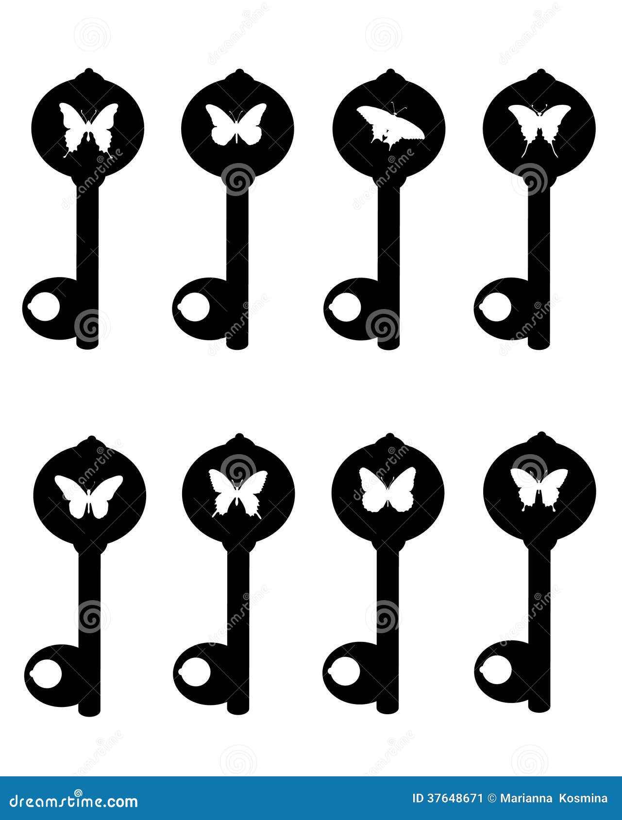 A Collection of Silhouettes of Old Keys with Butterflies Stock ...