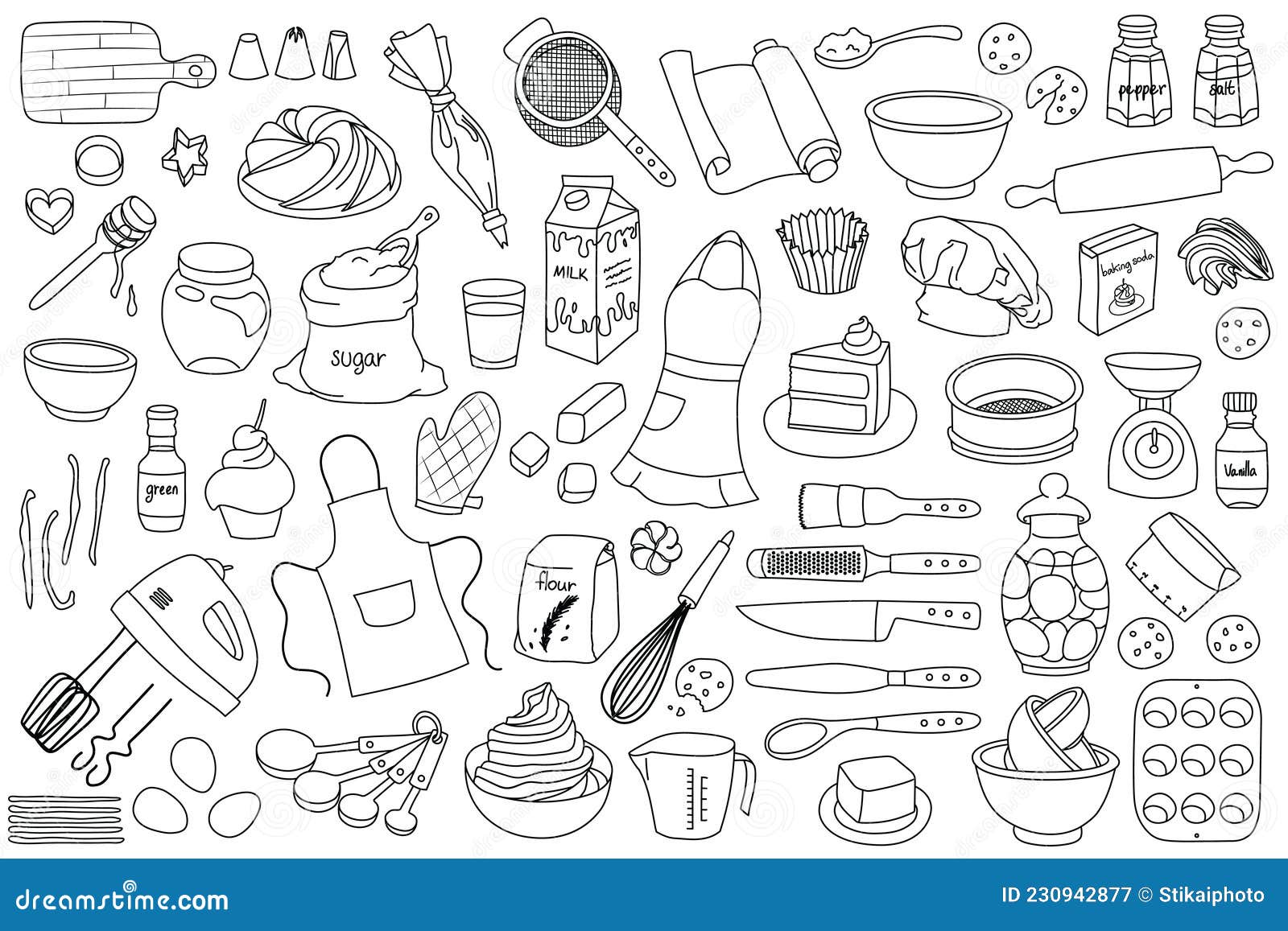Collection of Simple Hand Drawn Vector Illustrated Doodles of Baking ...