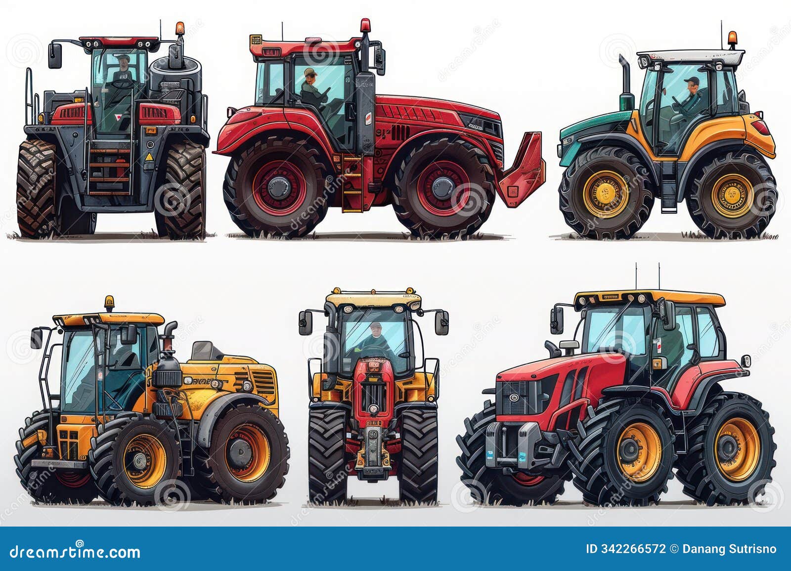 A Collection of Six Different Tractor Illustrations. Each Tractor is in ...
