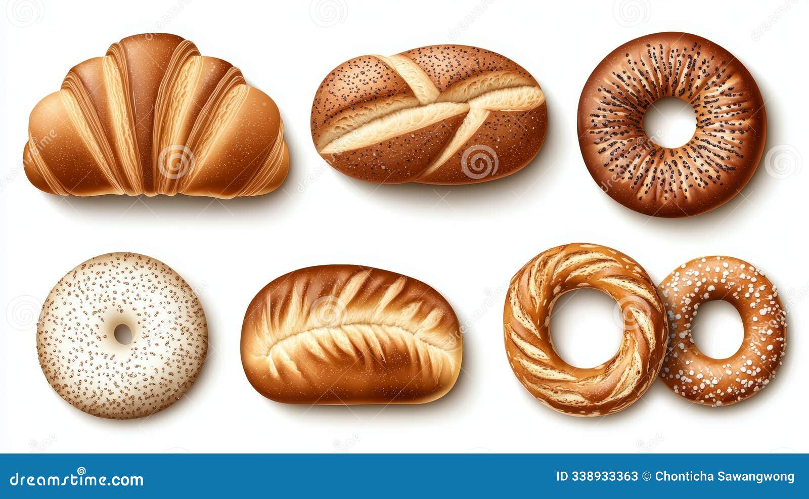A Collection of Six Different Types of Bread, Including a Croissant, a ...