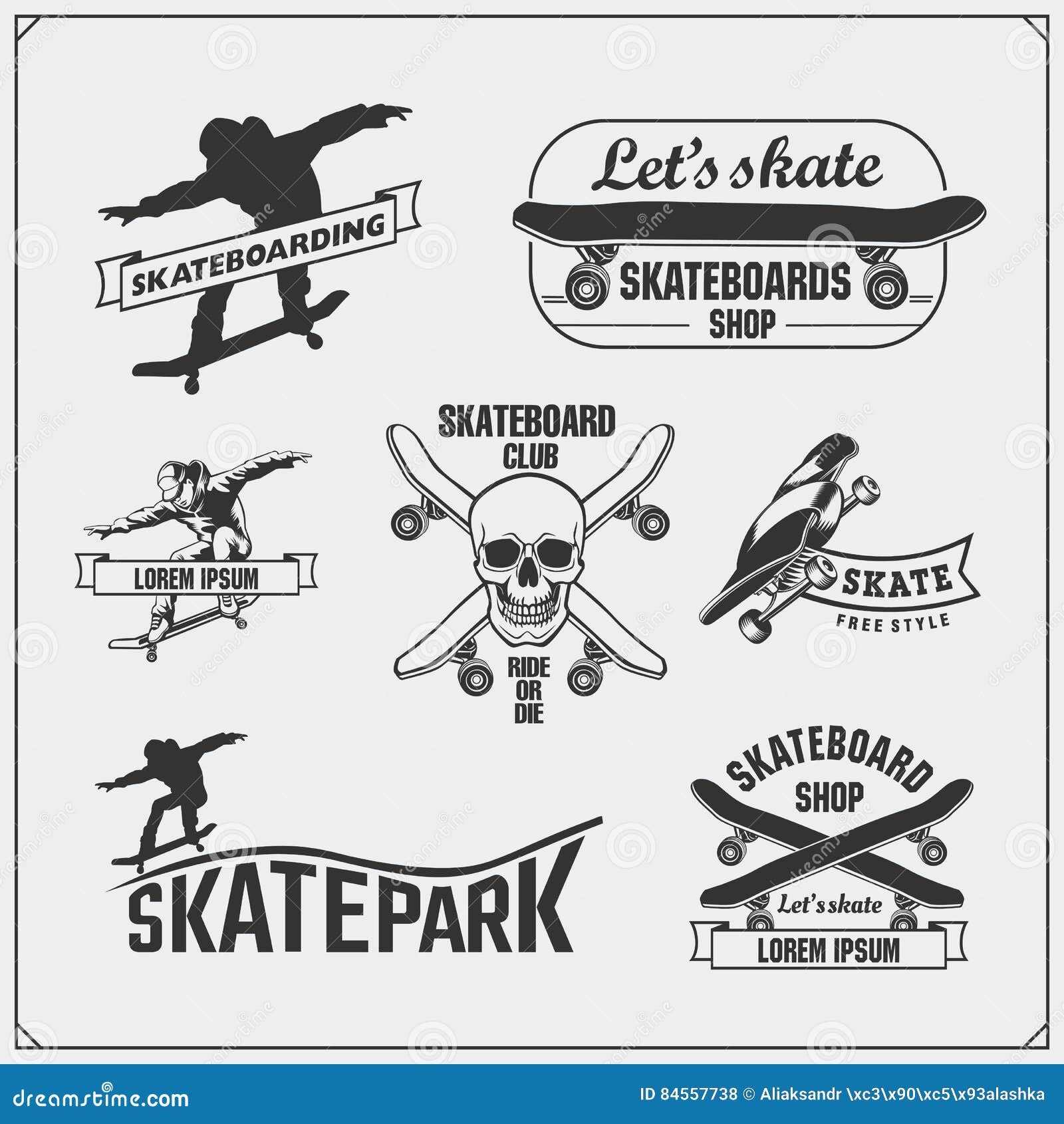 Set Of Skateboarding Labels Logo. Skater Dinosaur Tyrannosaur Rex Rides ...