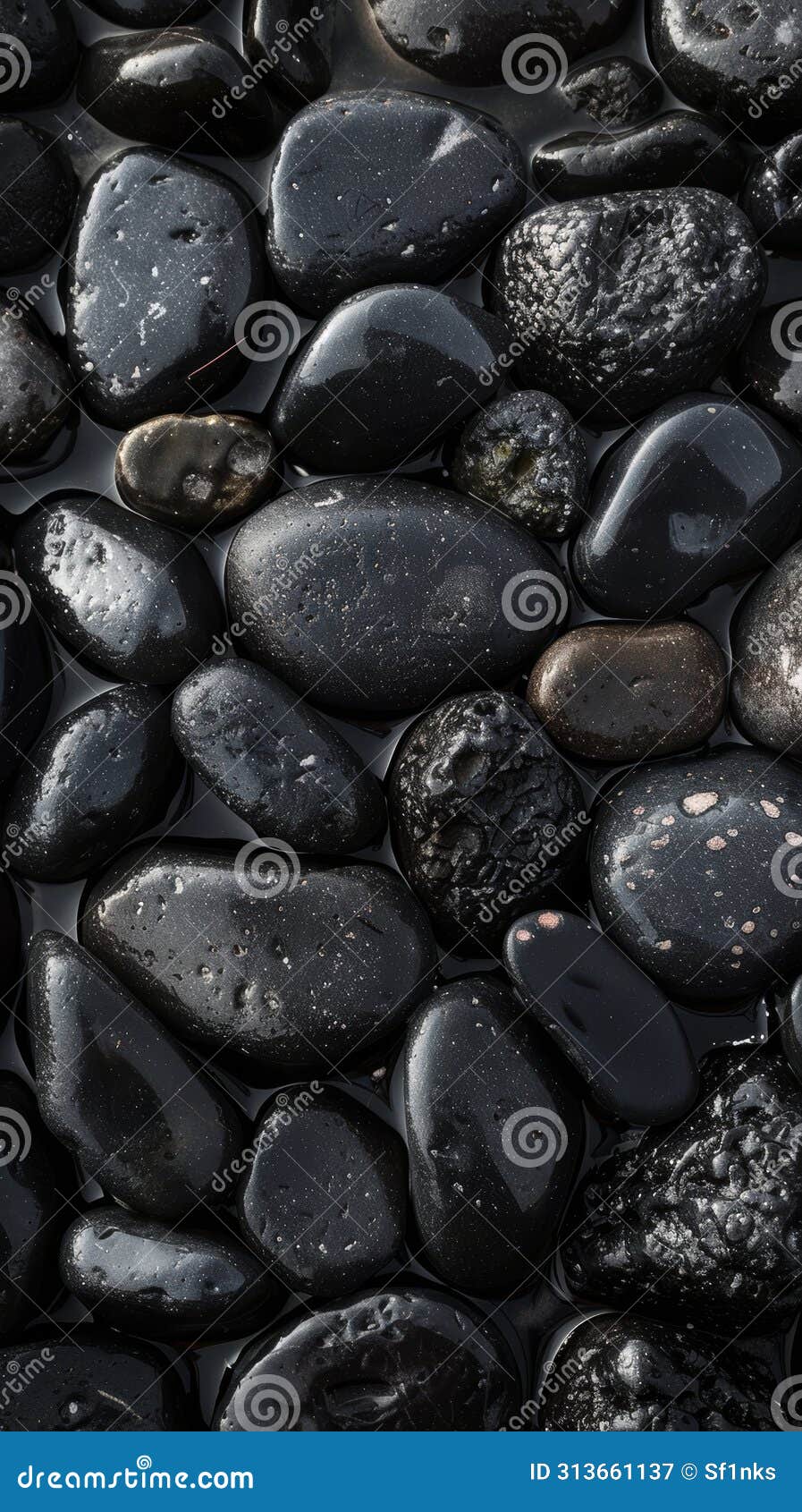 A Collection of Smooth, Glossy Black Volcanic Rocks, Some with a Wet ...