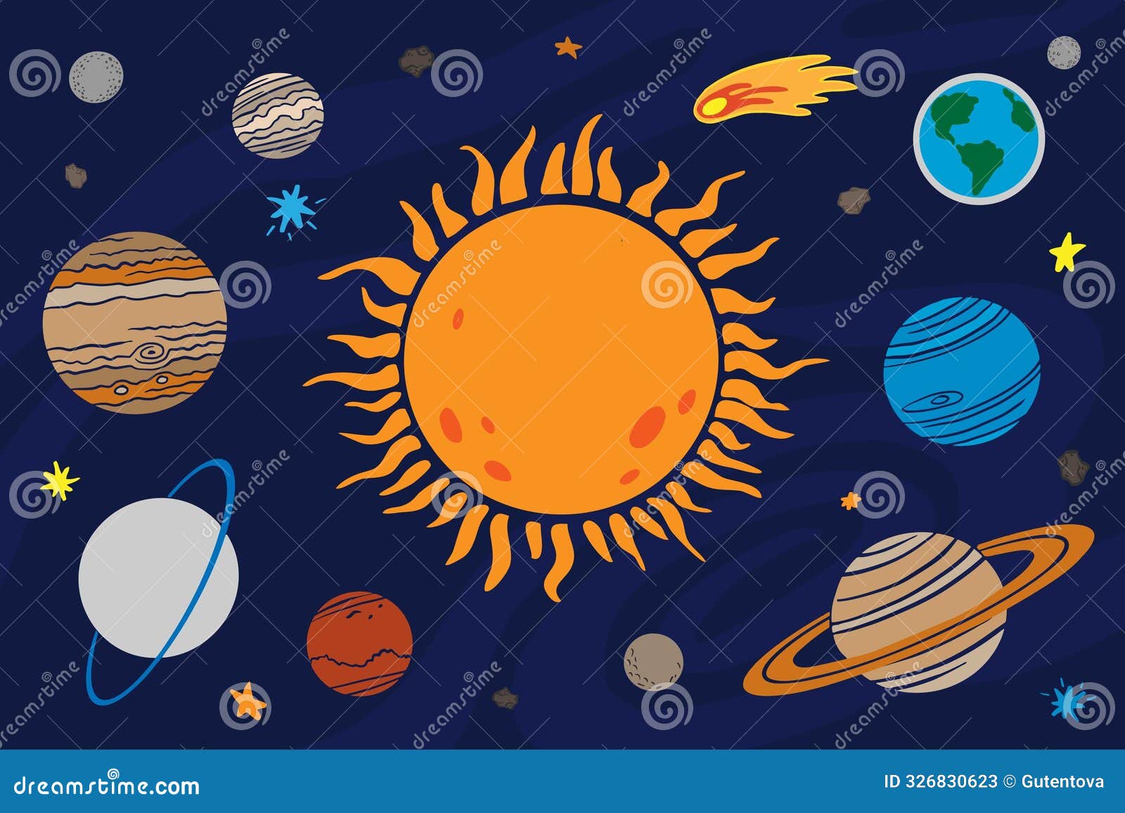 Collection of Solar System Planets. Hand Drawn Cosmos Objects. Vector ...
