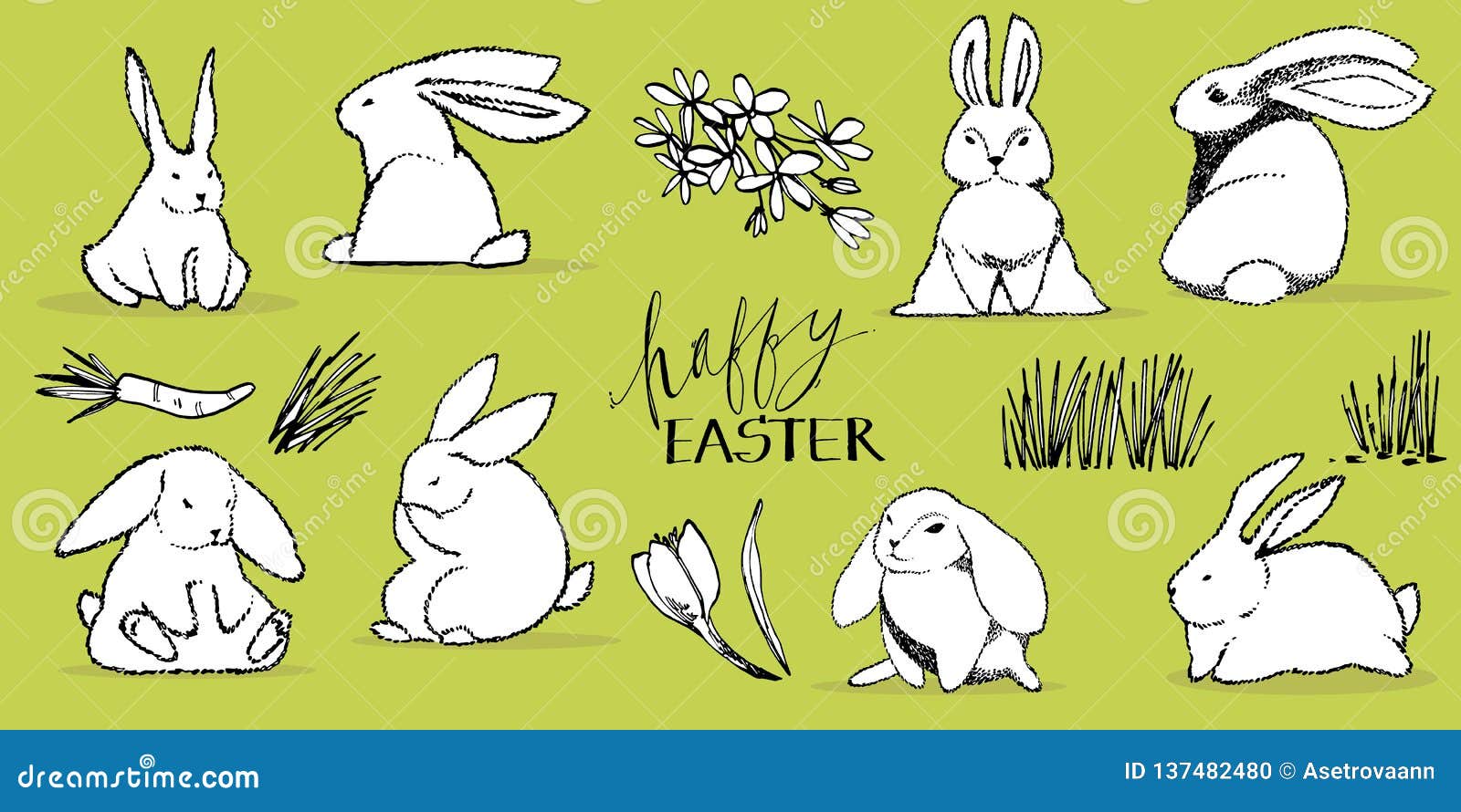 Collection of Some Cute Rabbits, Hand Draw Illustration. Draw Vector ...