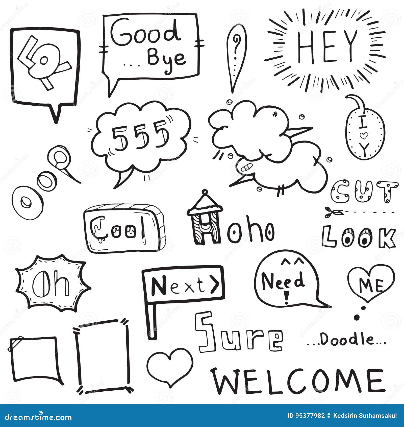 Collection of Speech Bubble with Words Hand Drawn Doodle Vector ...
