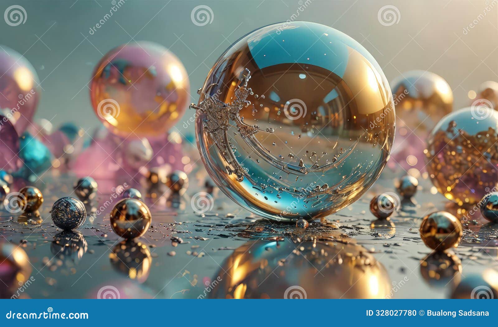 Collection Spherical Objects, Including Gold, Silver, and Blue Spheres ...