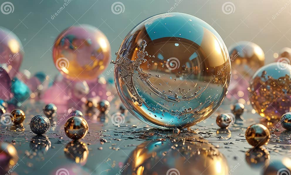 Collection Spherical Objects, Including Gold, Silver, and Blue Spheres ...