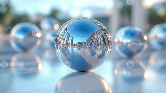 Reflective Spheres Showcasing Architectural Details in a Bright Outdoor ...