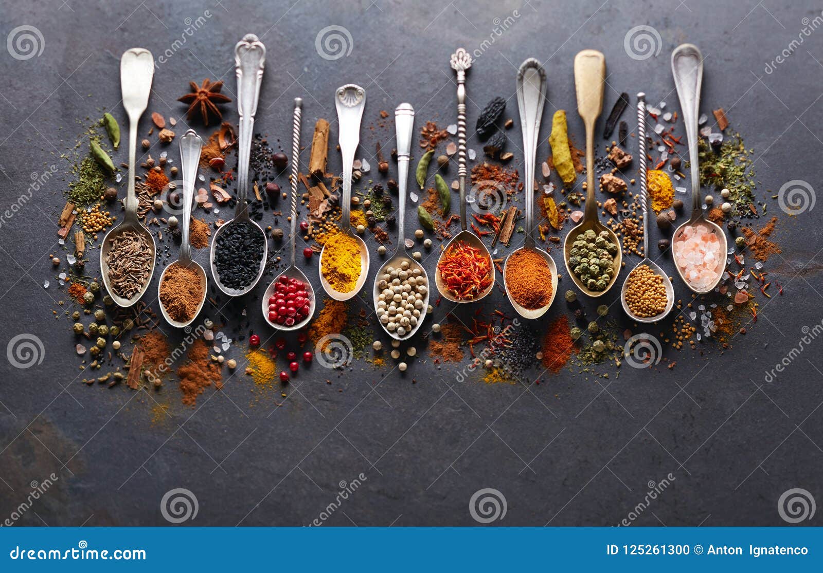 Spices on black board stock photo. Image of ginger, food - 125261300
