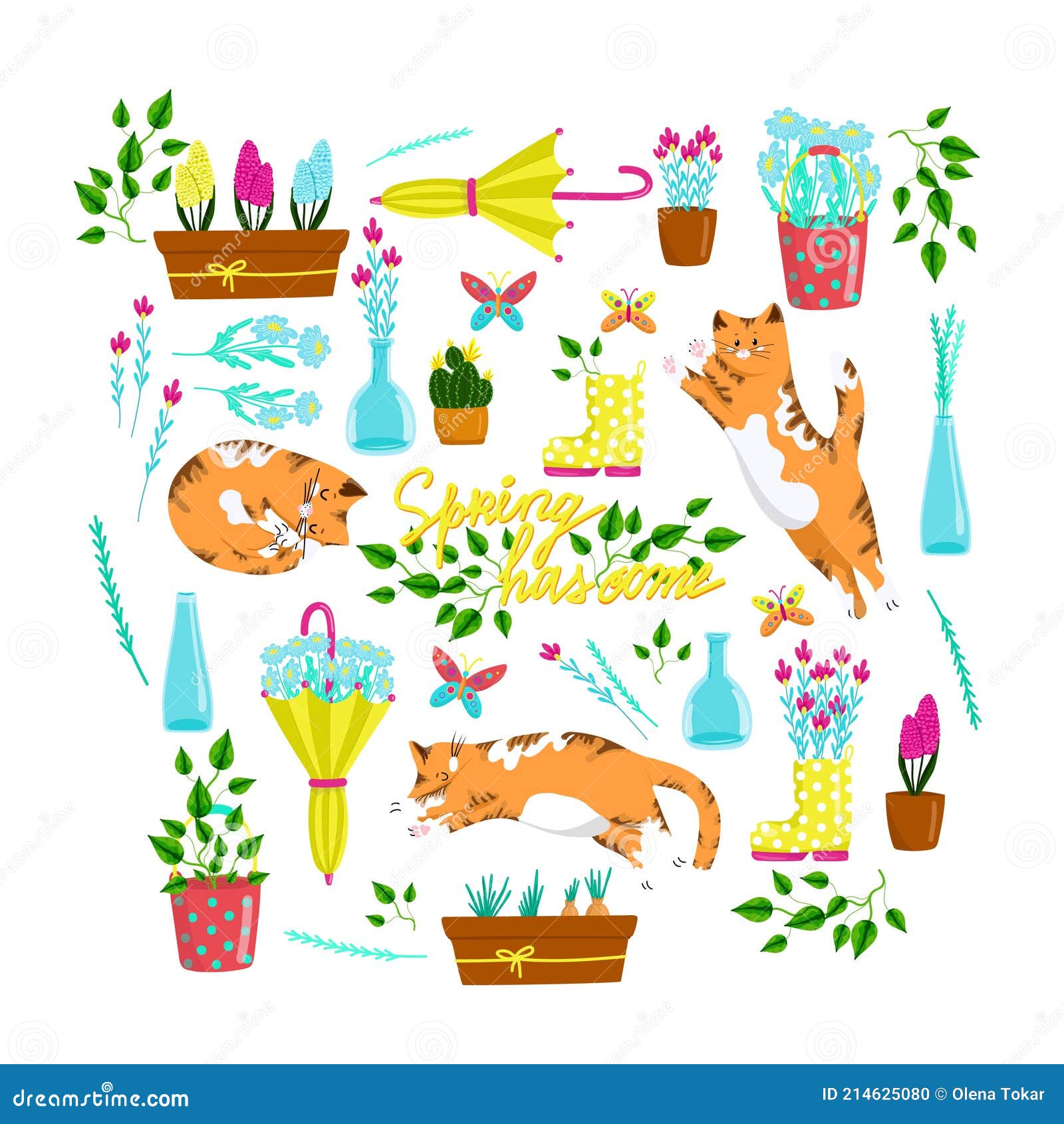 Collection of Spring Elements with Cats in Different Poses, Set of ...