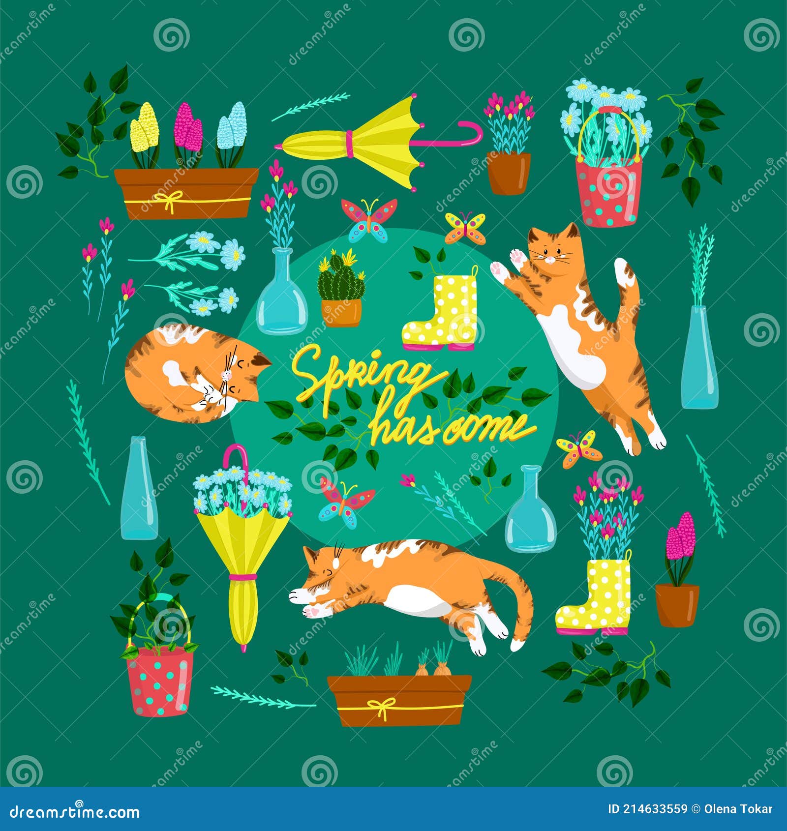 Collection of Spring Elements with Cats in Different Poses, Set of ...