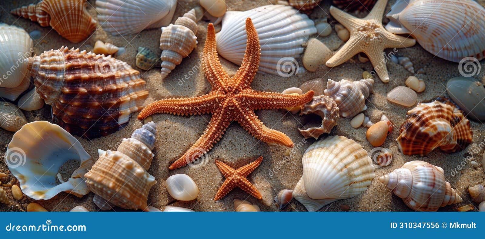 Group of Starfish and Seashells on Beach Stock Photo - Image of group ...