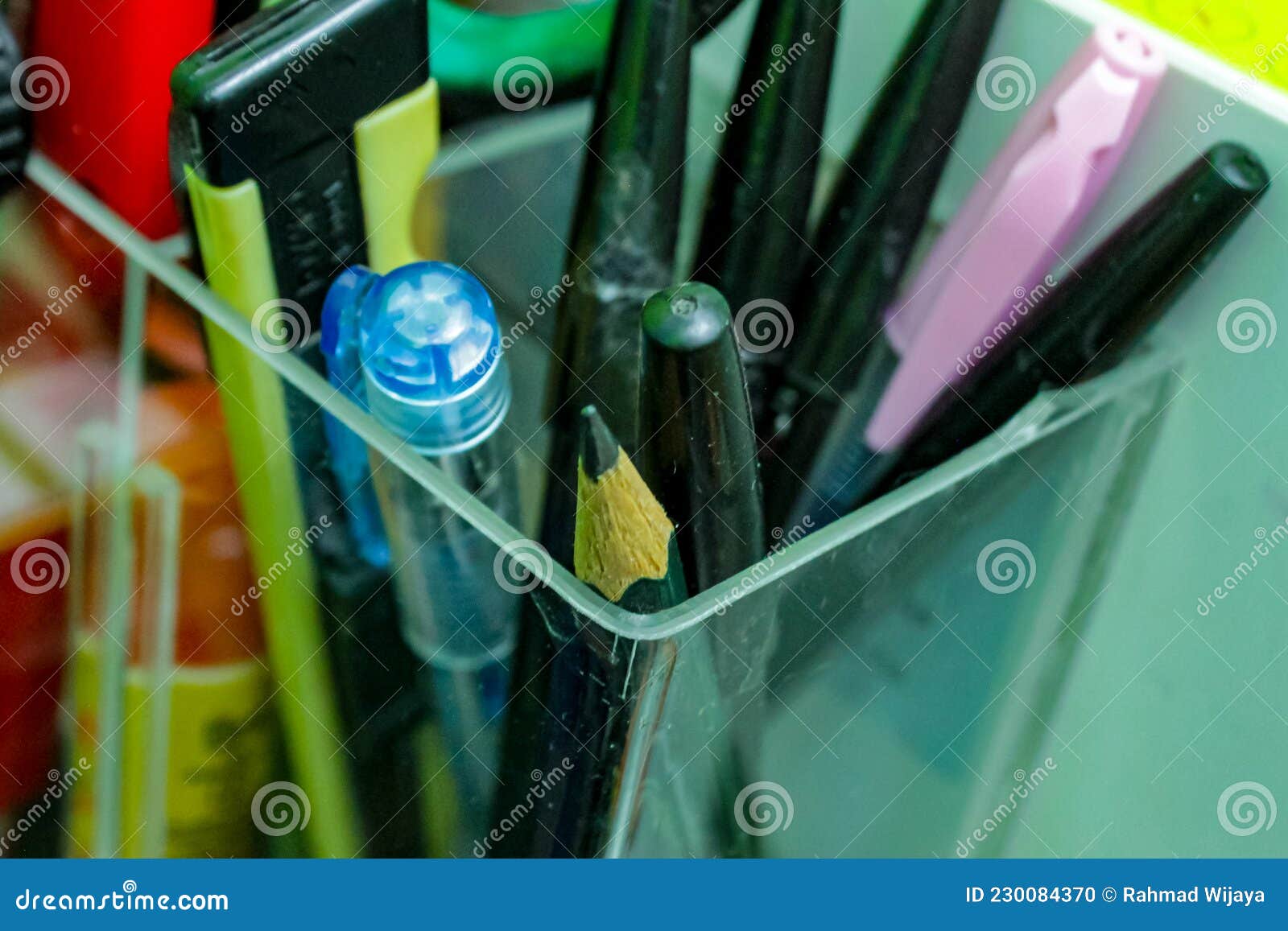 A Collection of Stationery in a Glass Box Stock Photo - Image of ...