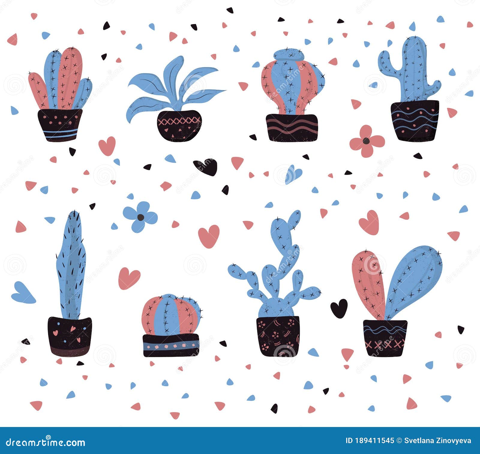 A Collection of Stylized Pink-blue Cacti in Pots. Vector Illustration ...