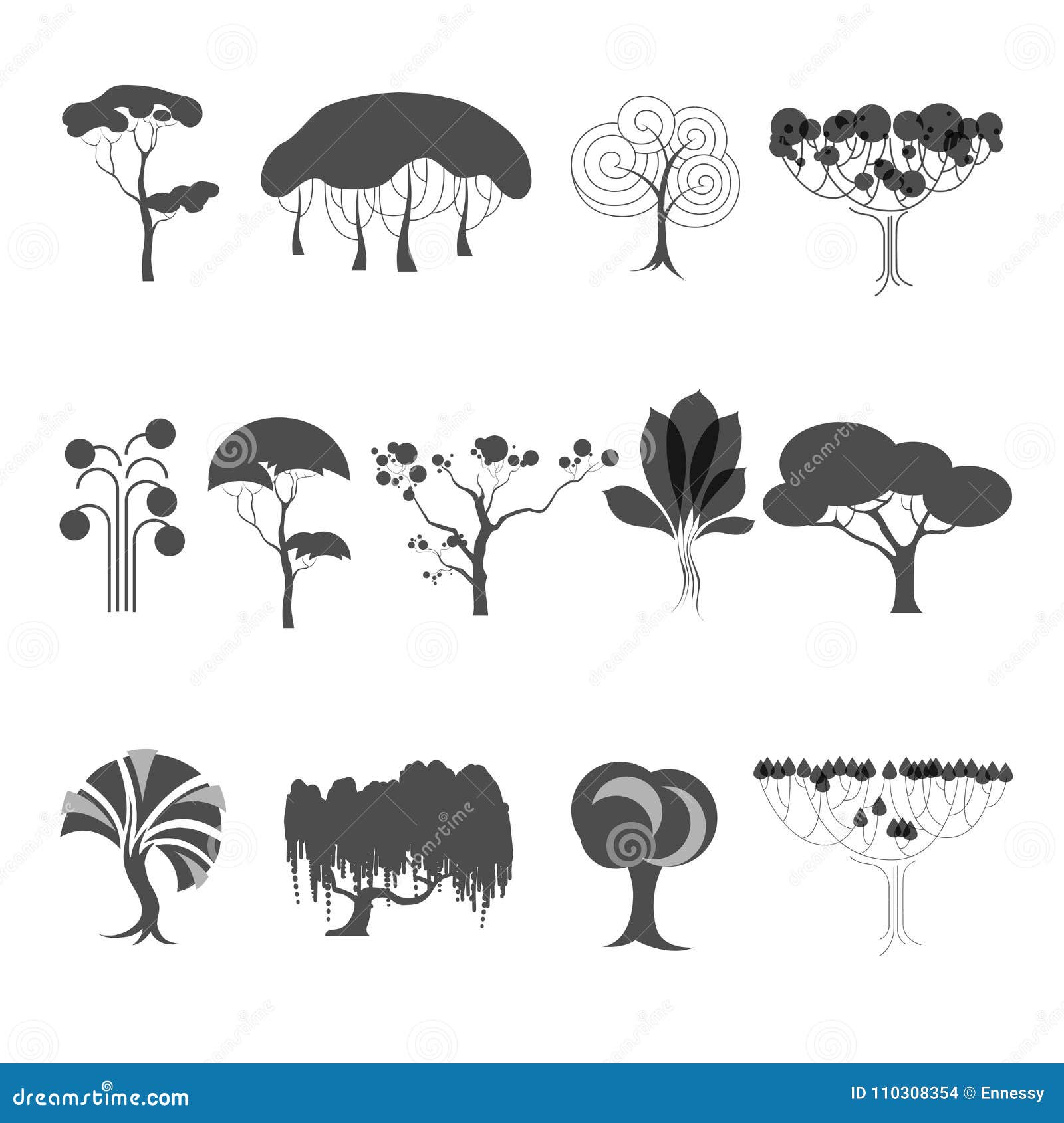 Collection of Stylized Trees Silhouettes Stock Vector - Illustration of ...