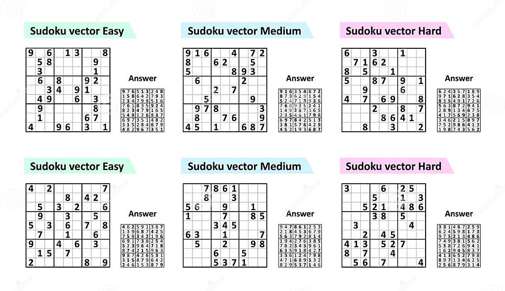 Collection Sudoku Game With Answers Different Complexity Stock Vector Illustration Of Sudoku