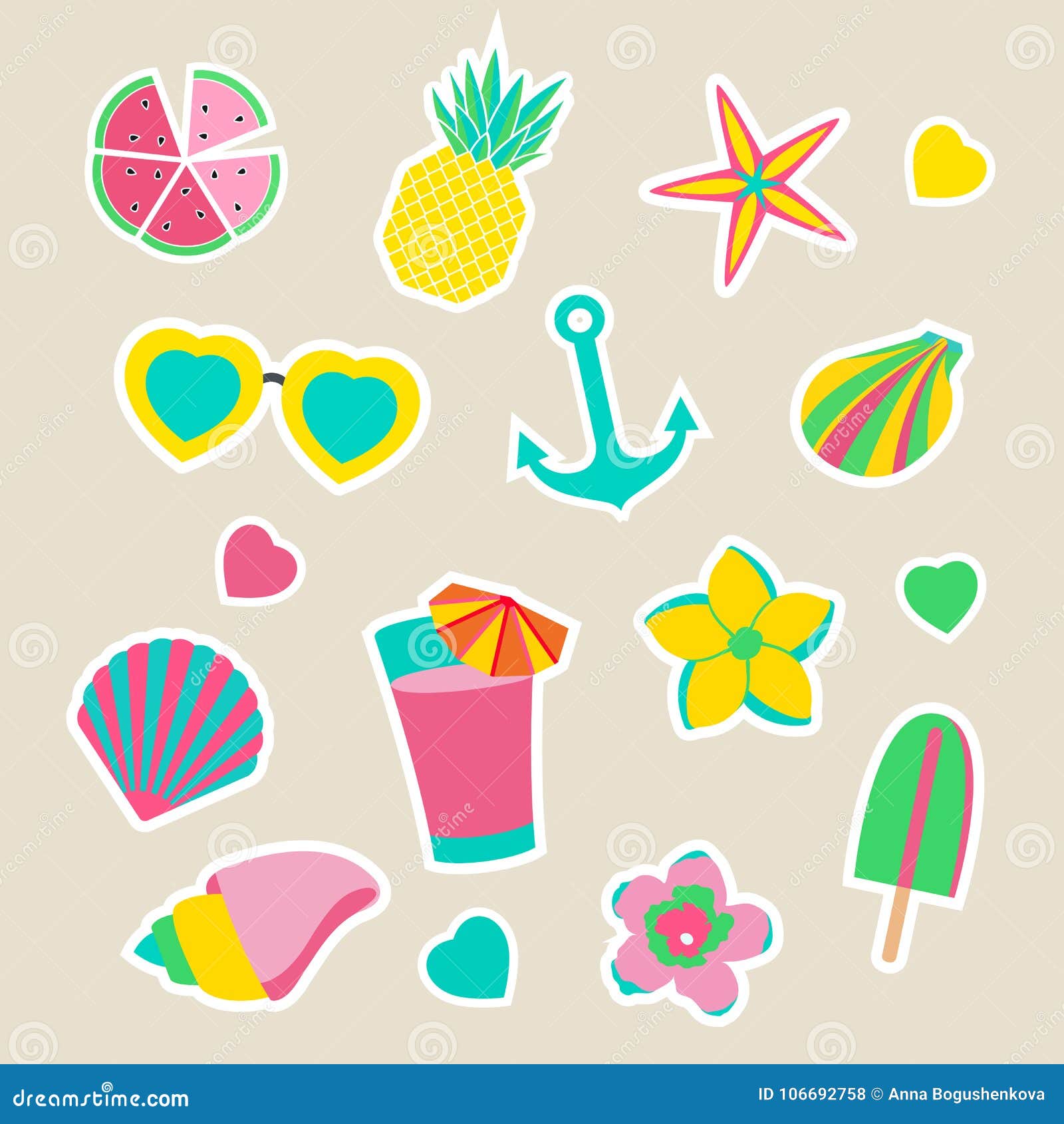 Collection of Summer Stickers. Vector Isolated Illustration. Stock ...
