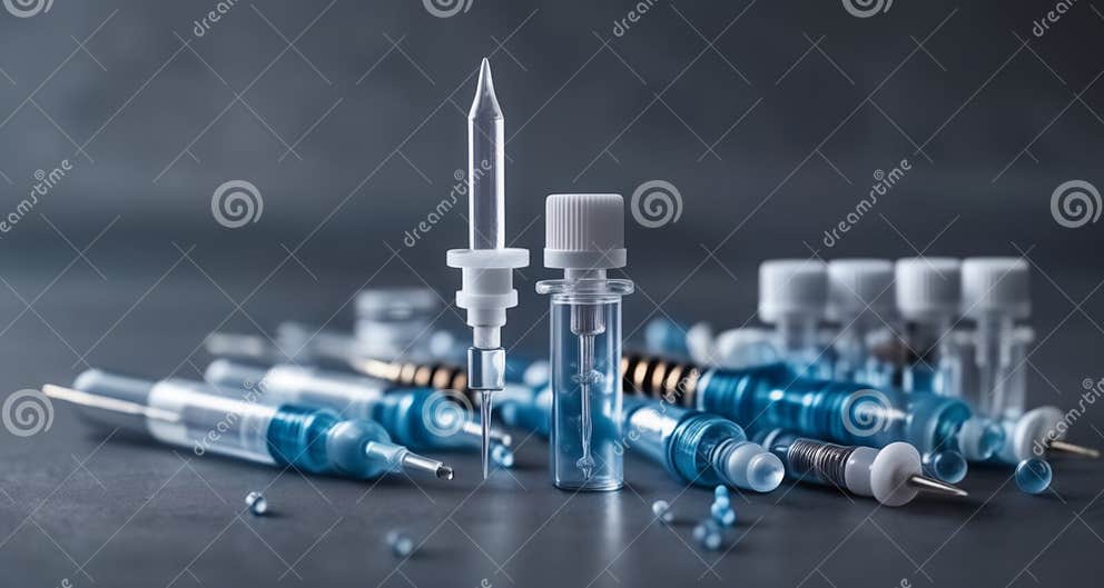 A Collection of Syringes and Needles on a Dark Background Stock ...