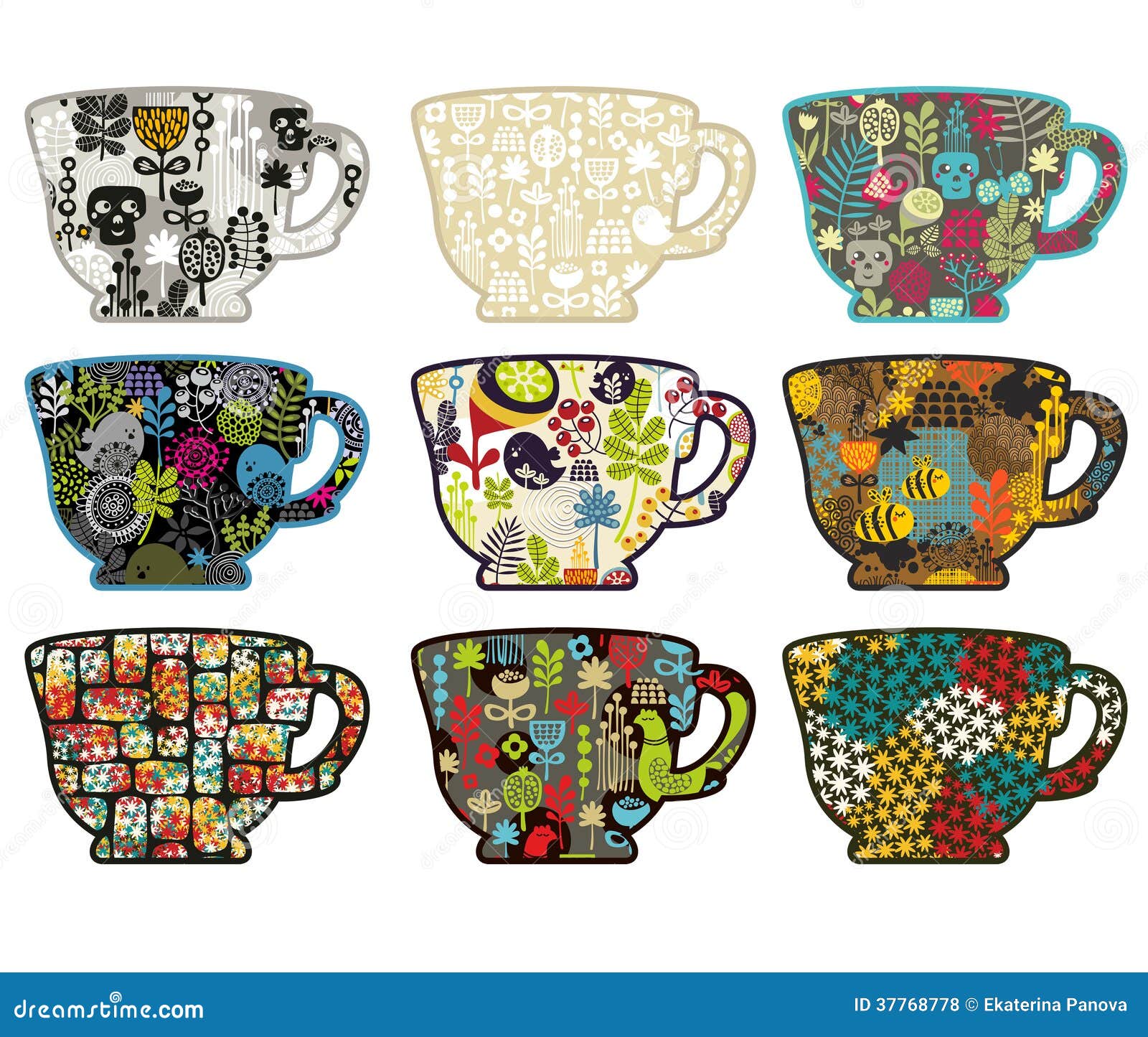 Collection of Tea Cups with Different Patterns. Stock Vector ...