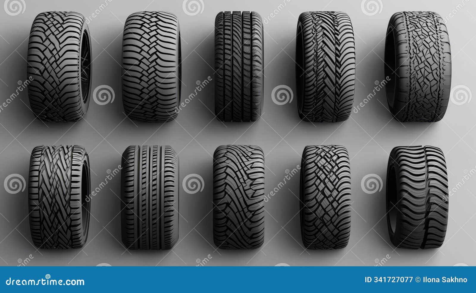Collection of Ten Different Black Tire Treads on a Light Gray ...