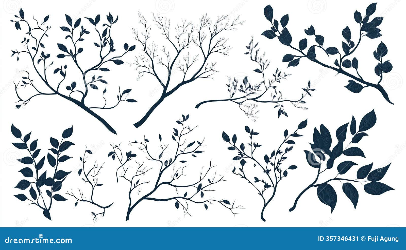 Collection of Ten Stylized Tree Branch Silhouettes, Some with Leaves ...