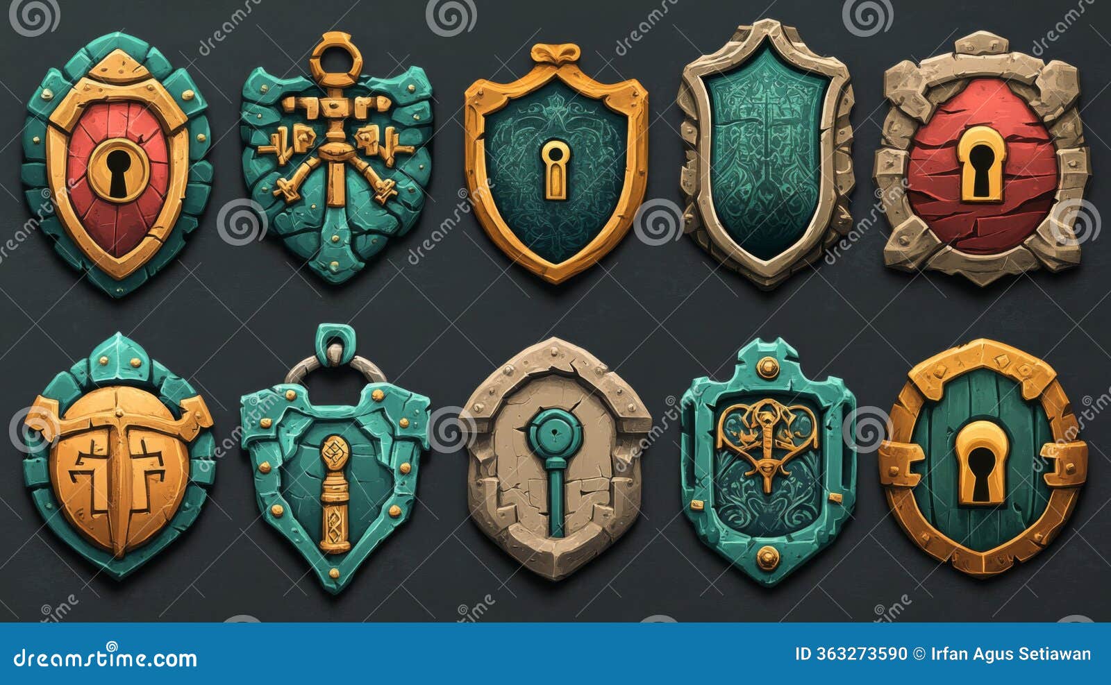 Collection of Ten Unique Pixel Art Shields with Keyhole Design on Dark ...