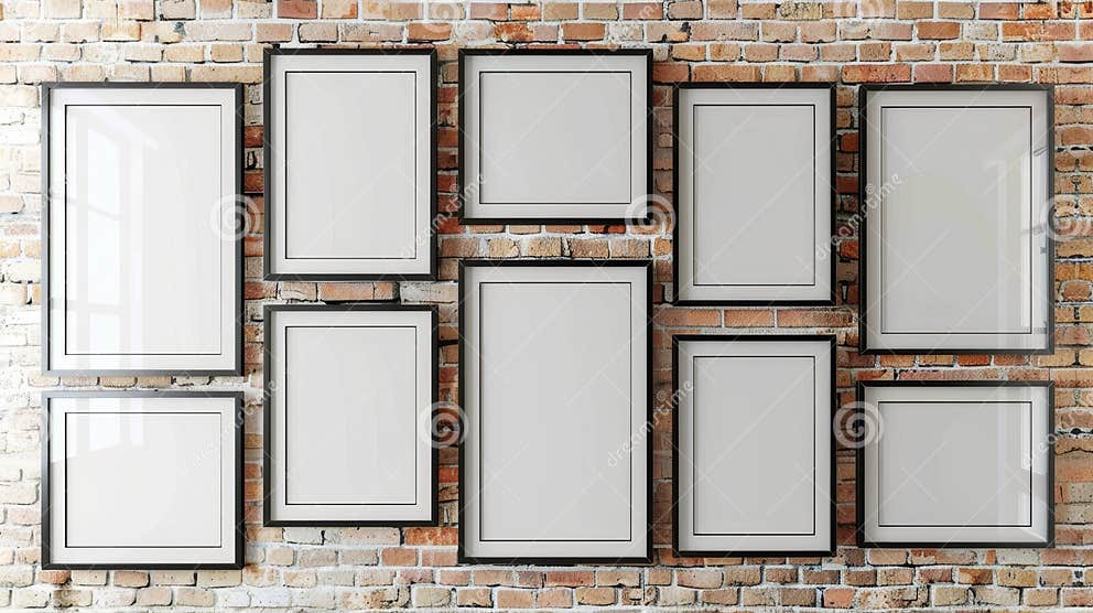 Collection of Ten White Empty Frames Hanging on Brick Wall Mockup for ...