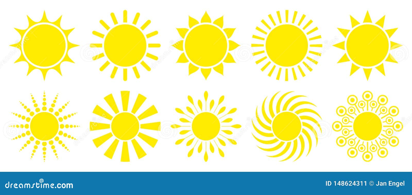 Set of Ten Yellow Graphic Sun Icons Stock Vector - Illustration of ...