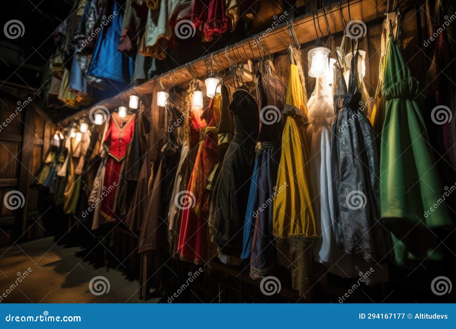 Collection of Theater Costumes on a Rack in Dim Lighting Stock Image ...
