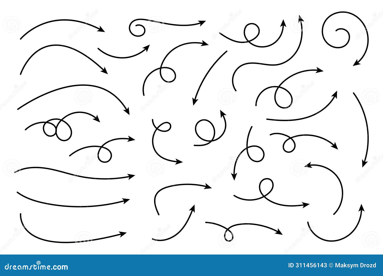 Collection of Thin Line Arrows. Set Simple Curved Hand Drawn Arrows ...