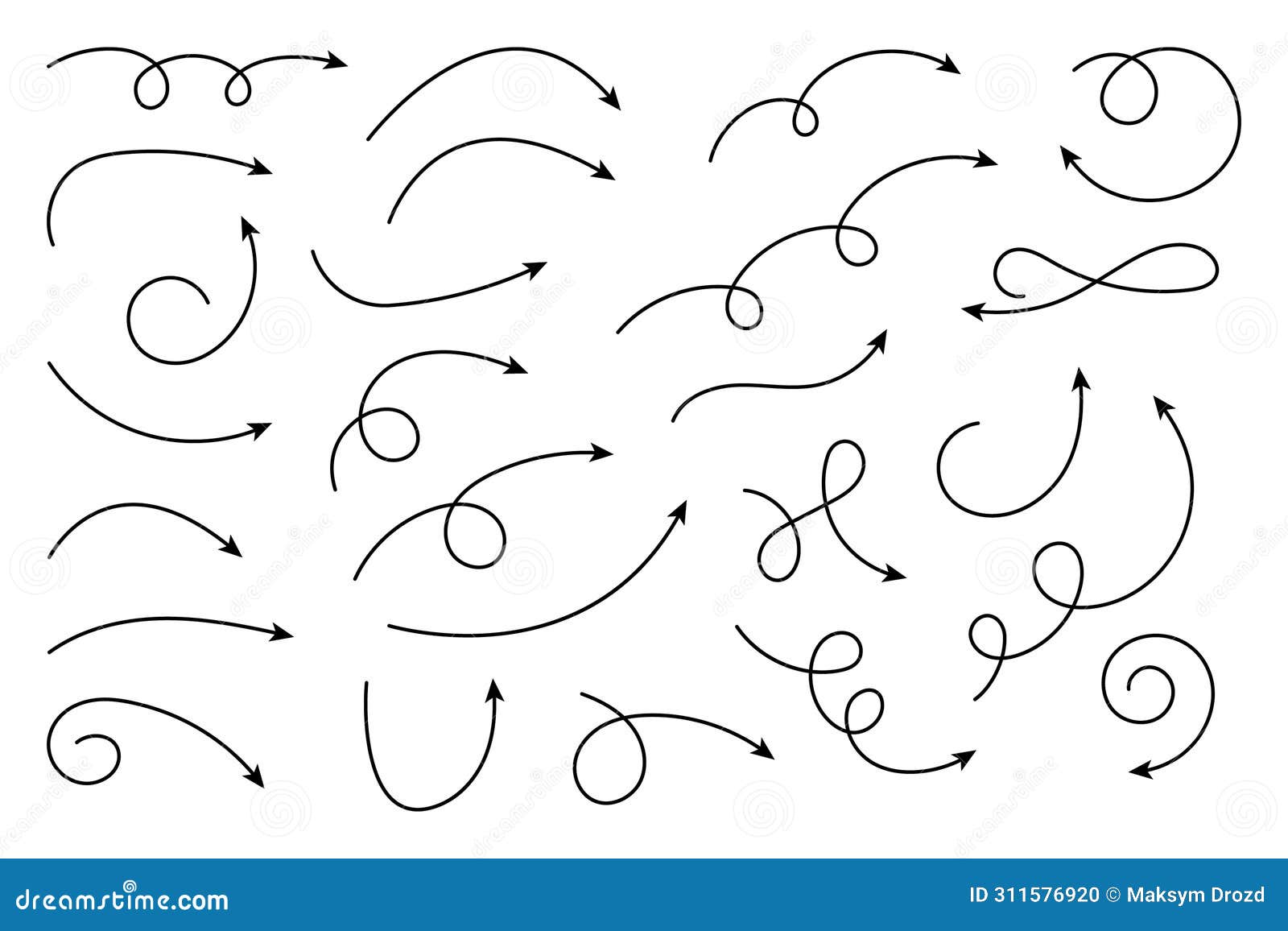 Collection of Thin Line Arrows. Set Simple Curved Hand Drawn Arrows. Collection of Pointers ...