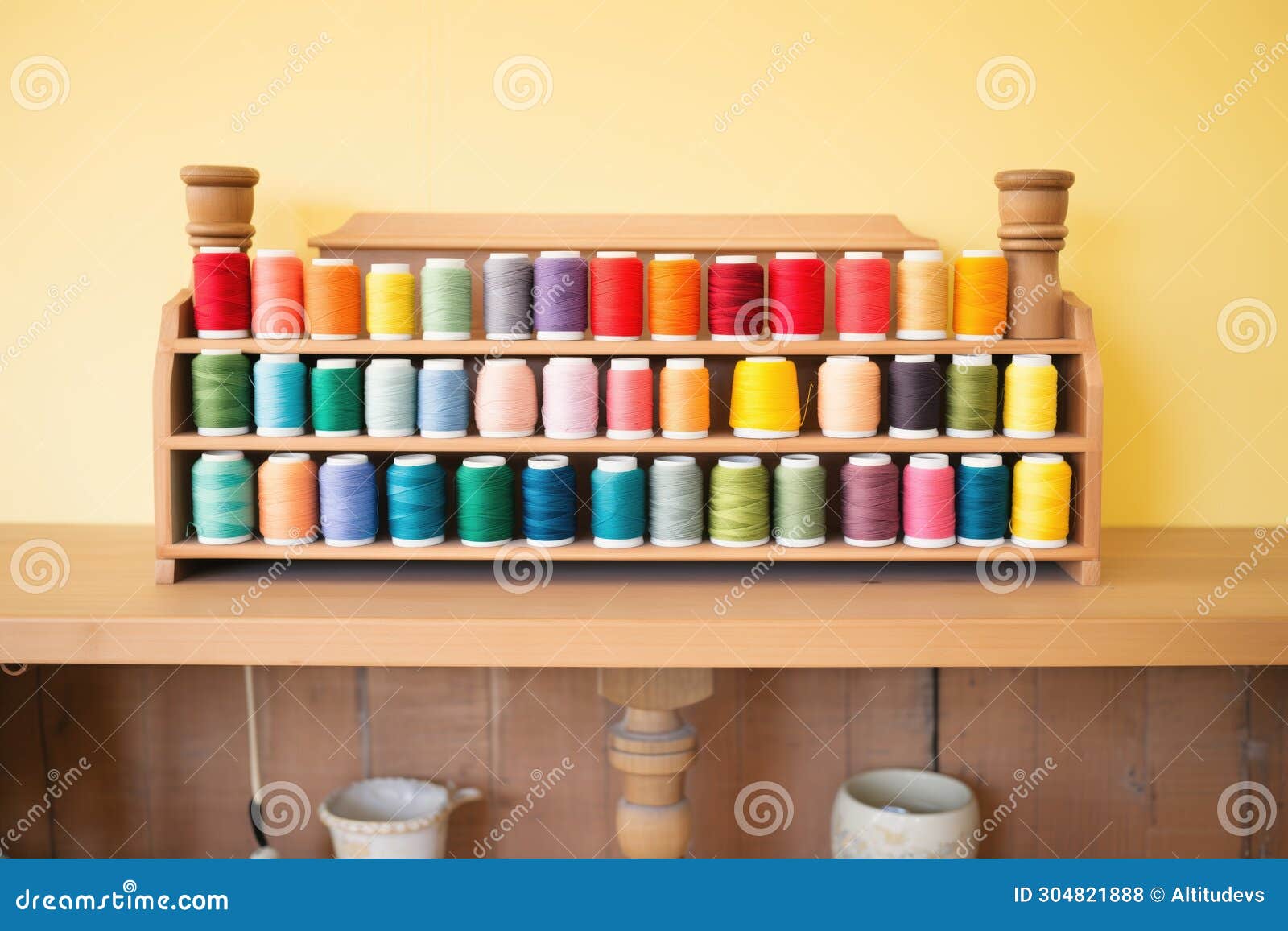 A Collection of Threads in Rainbow Colors on a Wooden Shelf Stock Photo ...